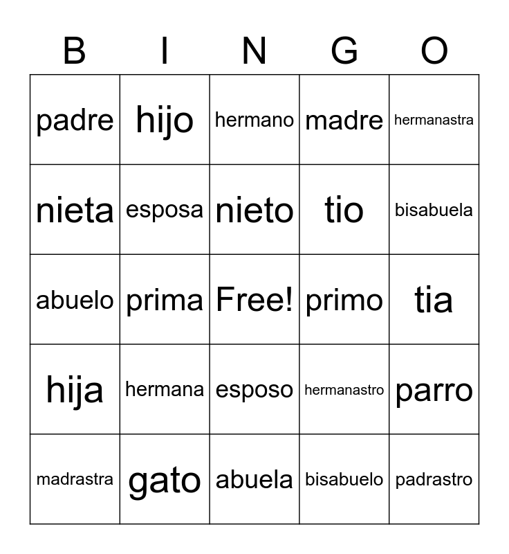 Spanish Family Bingo Card