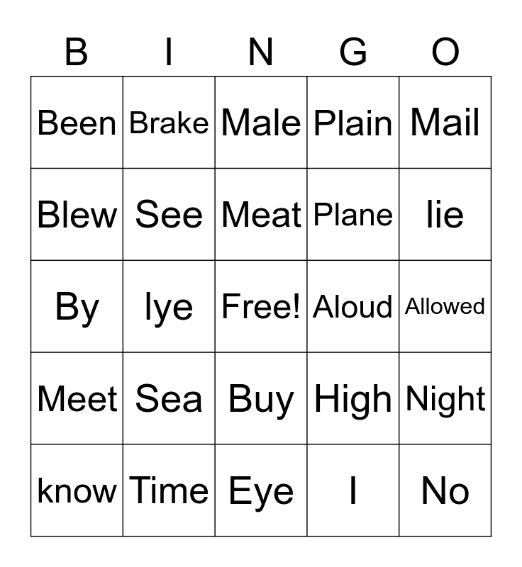 Homophone Bingo Card
