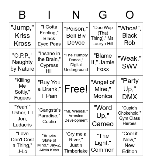 Rap, Hip Hop, R&B Bingo Card