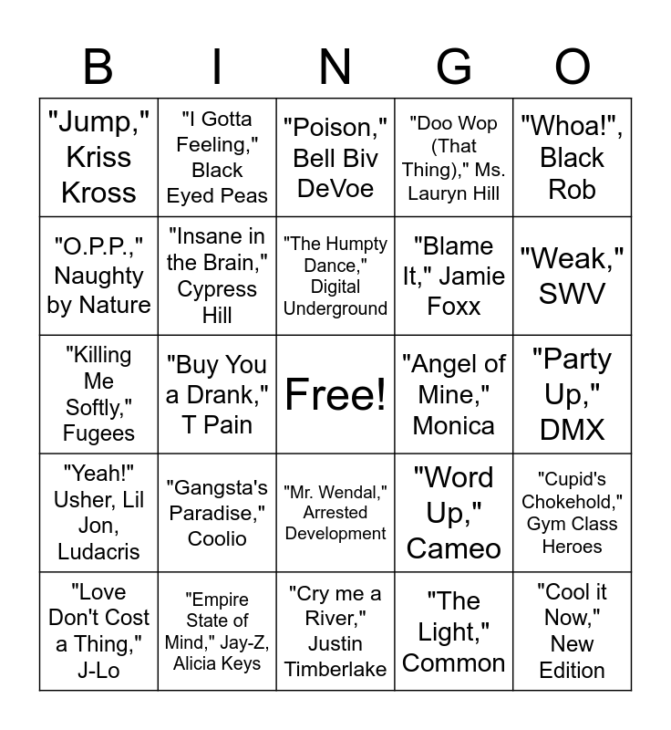 Rap, Hip Hop, R&B Bingo Card