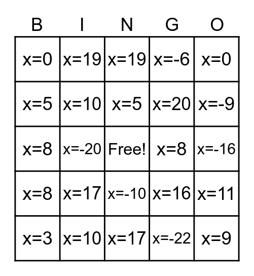 Two Step Equations Bingo Card