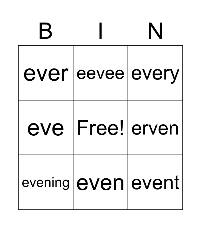 E-Starting Words Bingo Card