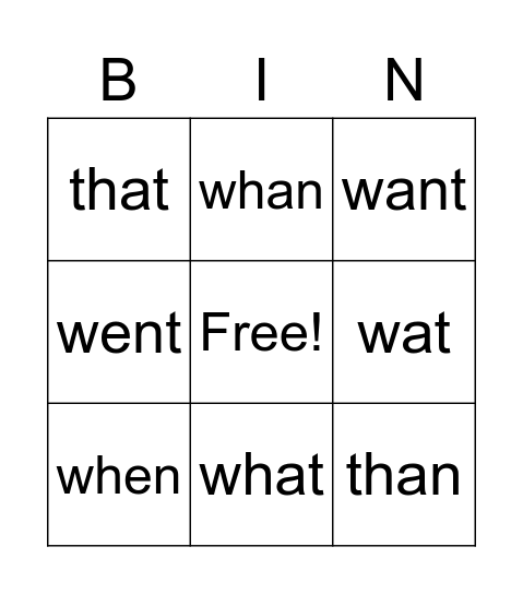 W (and T)-Starting Words Bingo Card