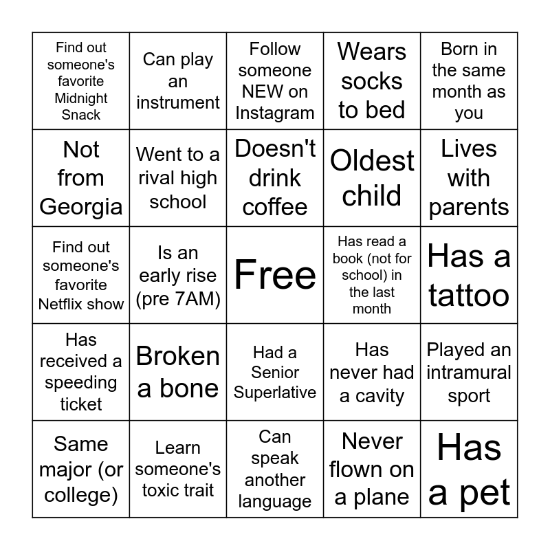 Intern Bingo Card