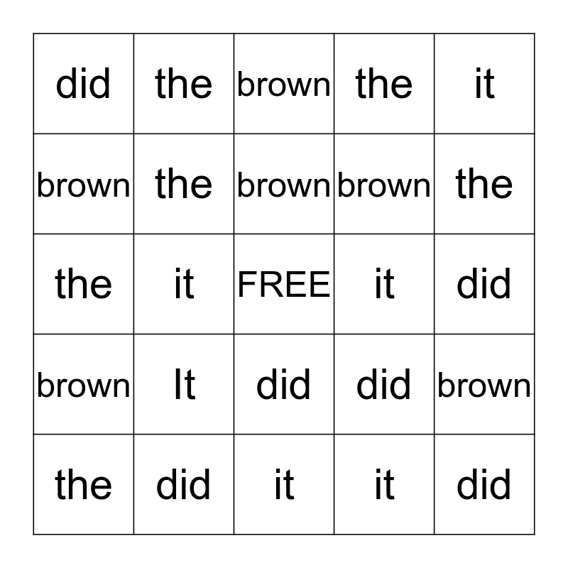 Find and Color Sight Words (it, did, brown, the) Bingo Card