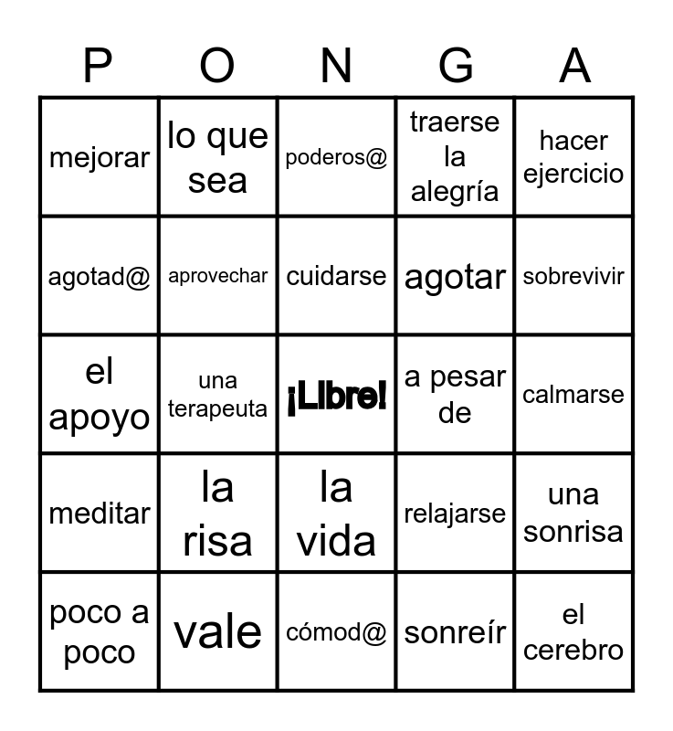 ¡Cuídate! Bingo Card