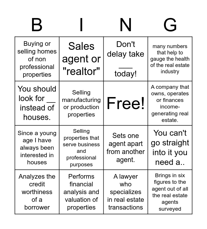 Real Estate Bingo Card
