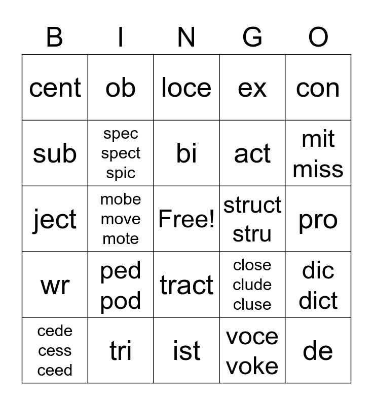 Block 2 Morphology Bingo Card