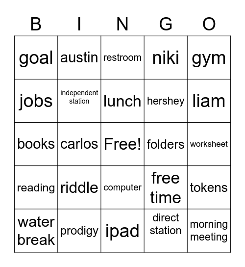 classroom bingo Card