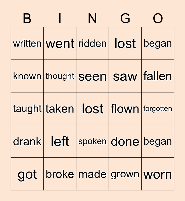 IRREGULAR VERBS (PAST SIMPLE & PAST PARTICIPLE) Bingo Card