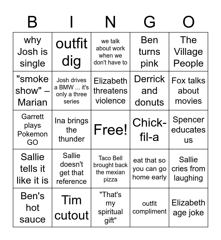 Staff Lunch Bingo Card