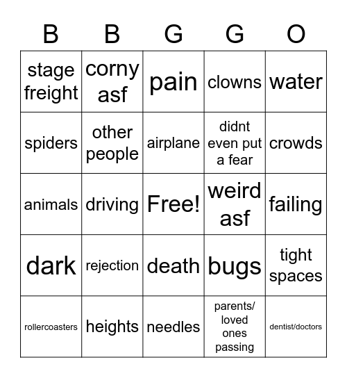 BBG Worst Fear Bingo Card