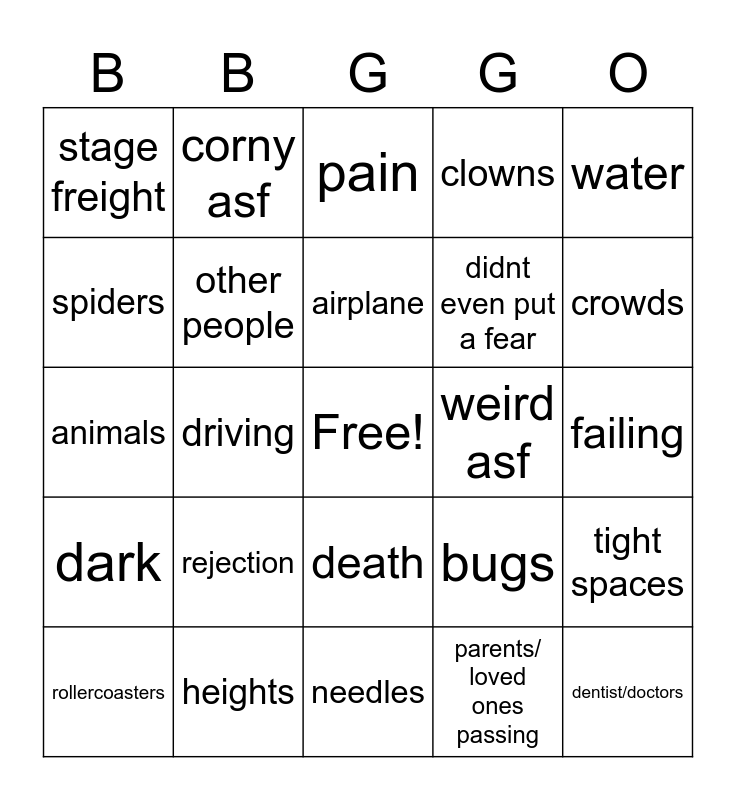 BBG Worst Fear Bingo Card