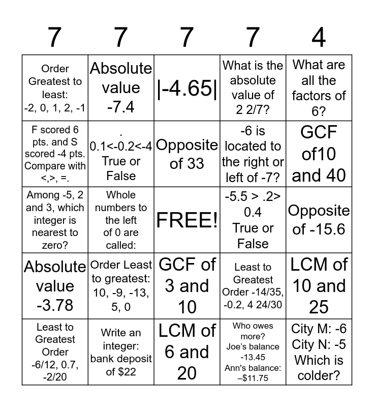 Number System Objective page 2 Bingo Card