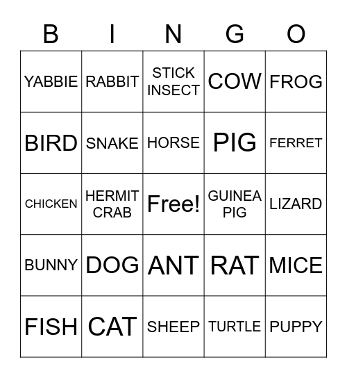 PET Bingo Card