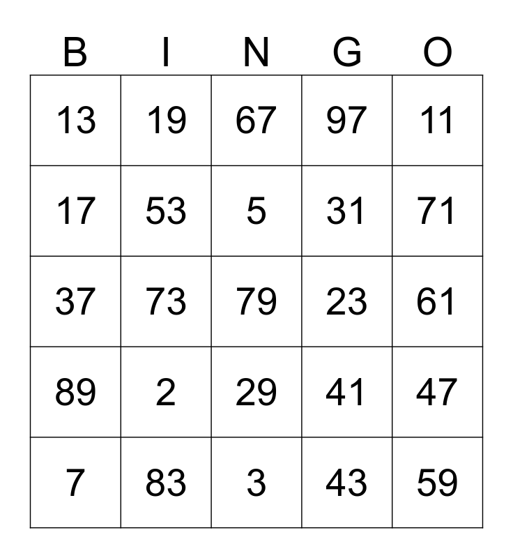 Prime Number BINGO Bingo Card