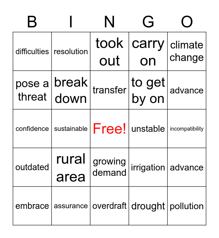 Unit 3 & 4 Vocabulary Bingo Card
