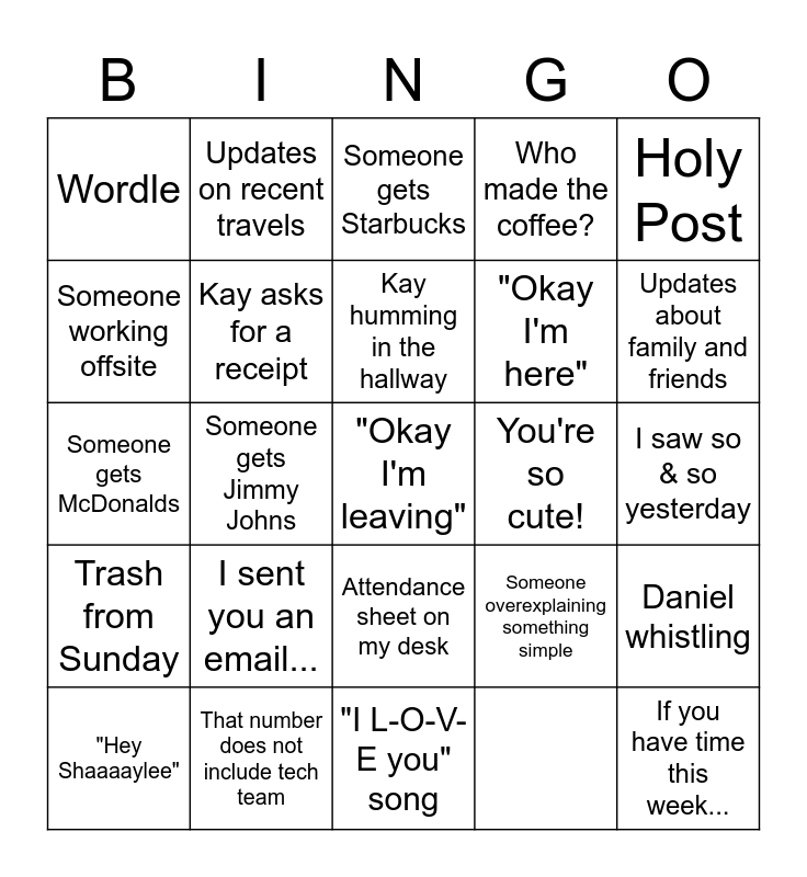 MONDAY Bingo Card