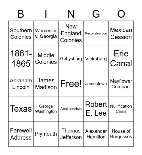 Social Studies 8th Grade (Final Review) Bingo Card