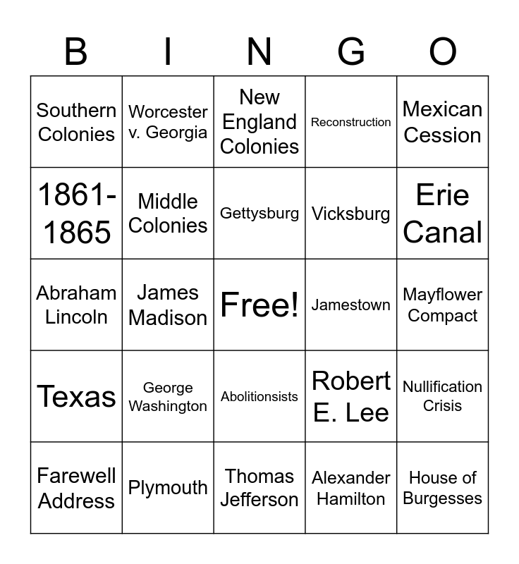 Social Studies 8th Grade (Final Review) Bingo Card