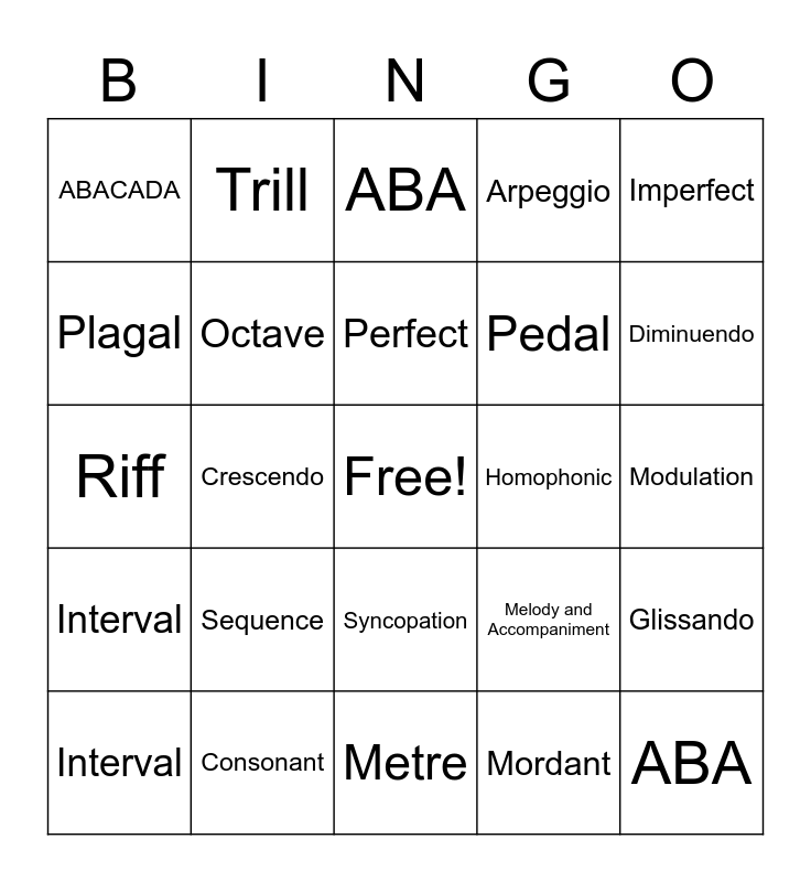 GCSE Music Keywords Bingo Card