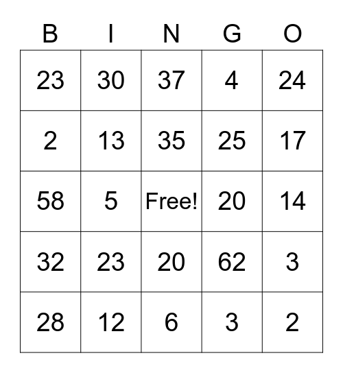 Long Division BINGO Card