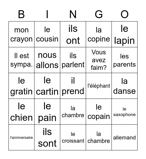Bingo des voyelles nasales Bingo Card
