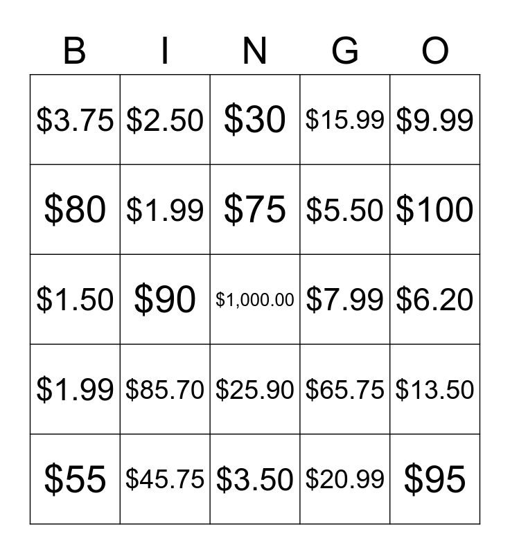 PRICE BINGO Card