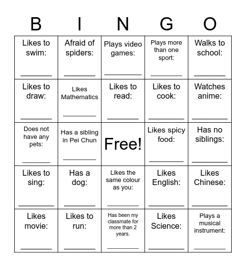 My Classmate Bingo Card My Classmate Bingo Card