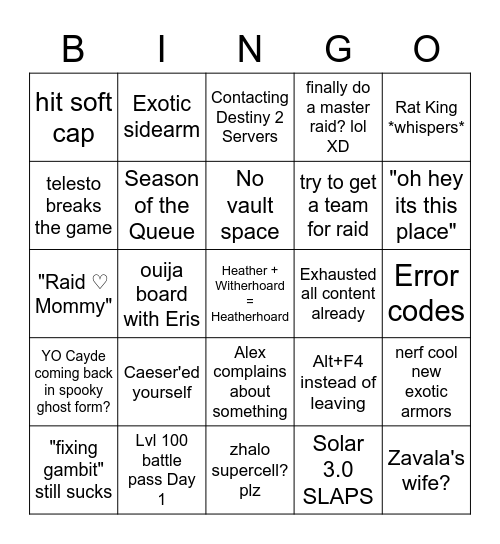 Destiny 2 New Season Bingo Card
