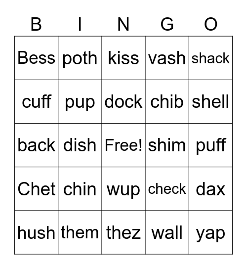 Closed Syllable Real and Nonsense Words Bingo Card