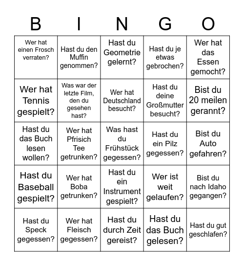 German Past Tense Bingo Card German Past Tense Bingo Card