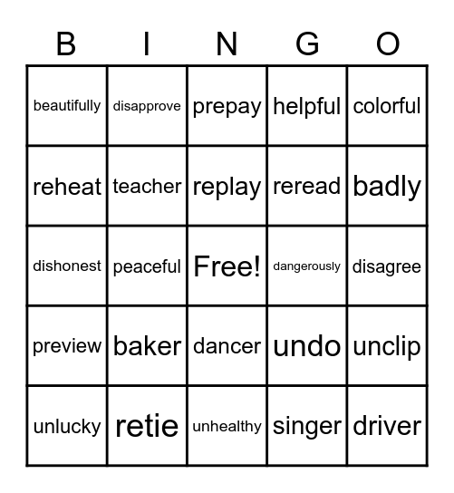Prefix and Suffix Bingo Card