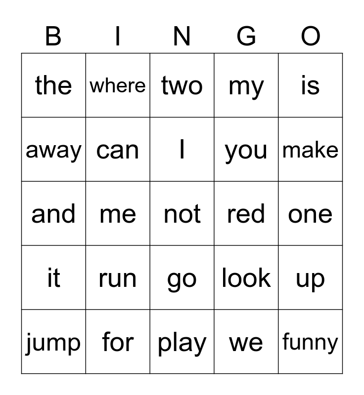 Dolch Pre-Primer Bingo Card