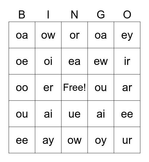 vowel teams and bossy R Bingo Card