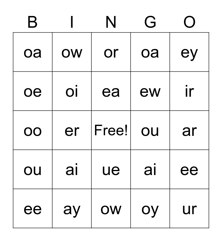 vowel teams and bossy R Bingo Card