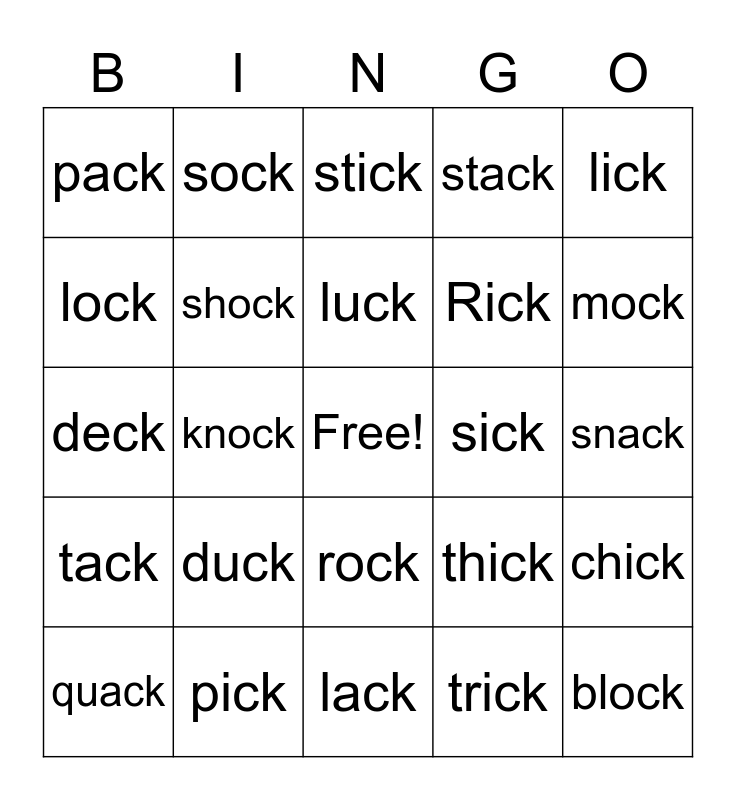 Words Ending in -ck Bingo Card