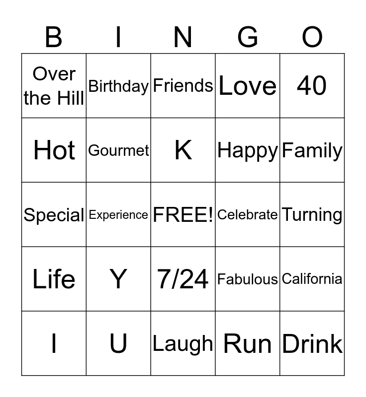 Yuki's 40th Birthday Bingo Card