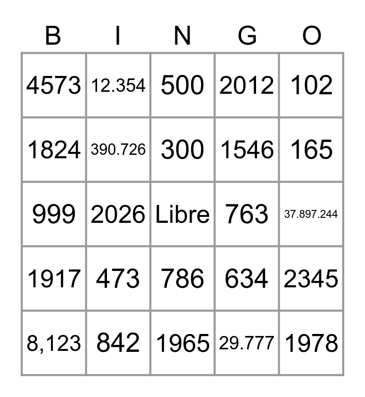 Large Spanish Numbers Bingo Card