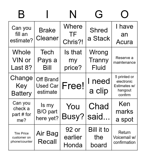 In - Ken marks a spot / Out - FAKRA Bingo Card