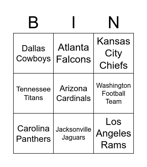 NFL BINGO Card