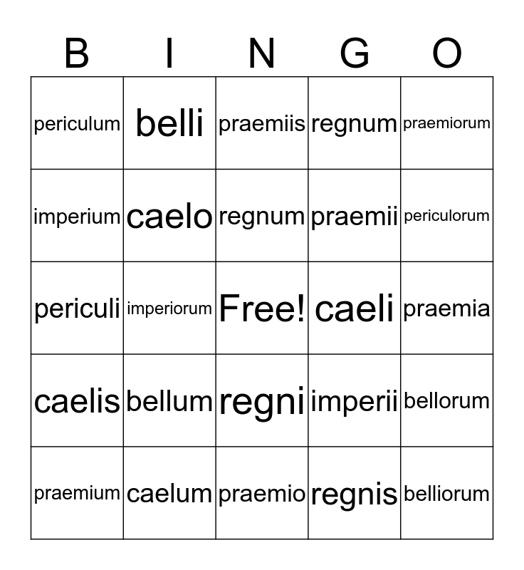Latin -UM 2nd Declension Bingo Card