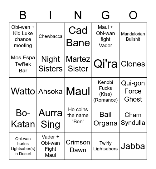 Kenobi Show Bingo Card