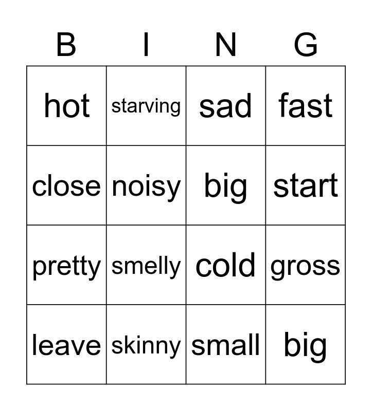 Synonym Bingo Card