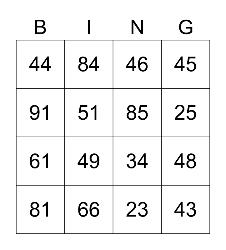Numbers 1-100 Bingo Card