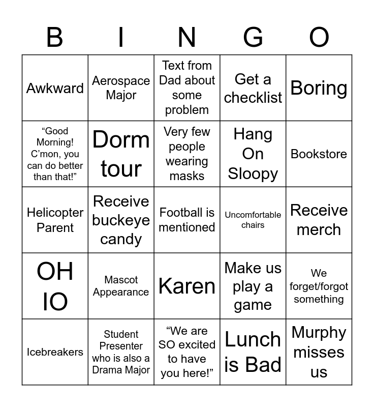 Orientation Bingo Card