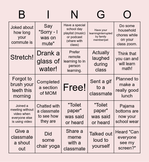 Remote Learning Bingo Card