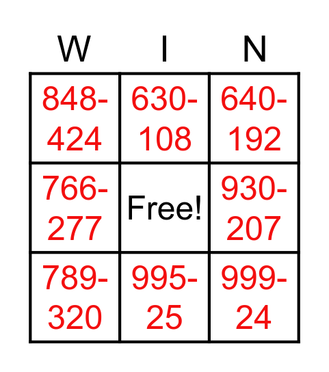3 digit subtraction Bingo Card