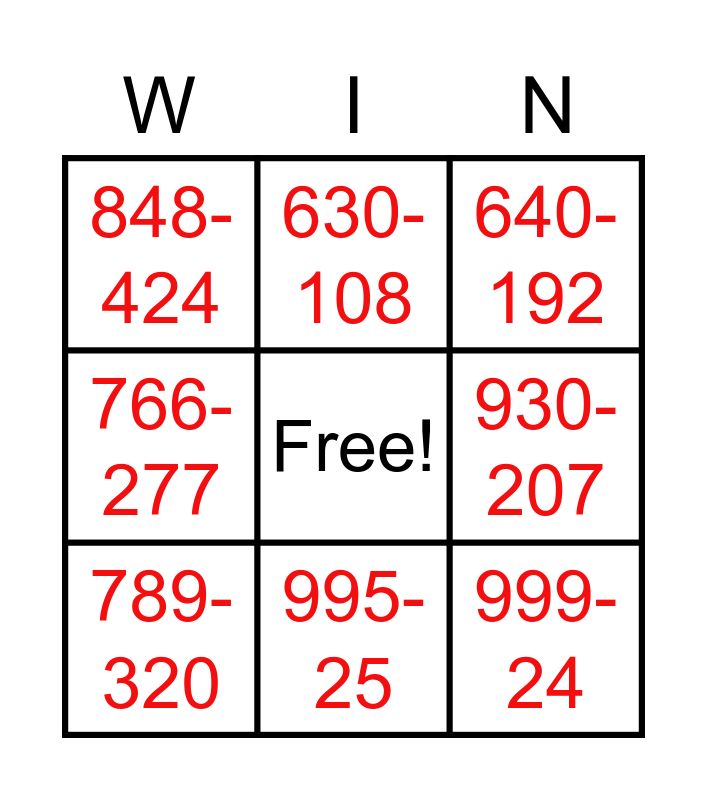 3 digit subtraction Bingo Card