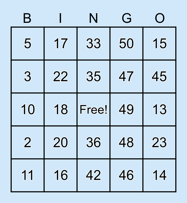 Number Bingo 1-50 Bingo Card